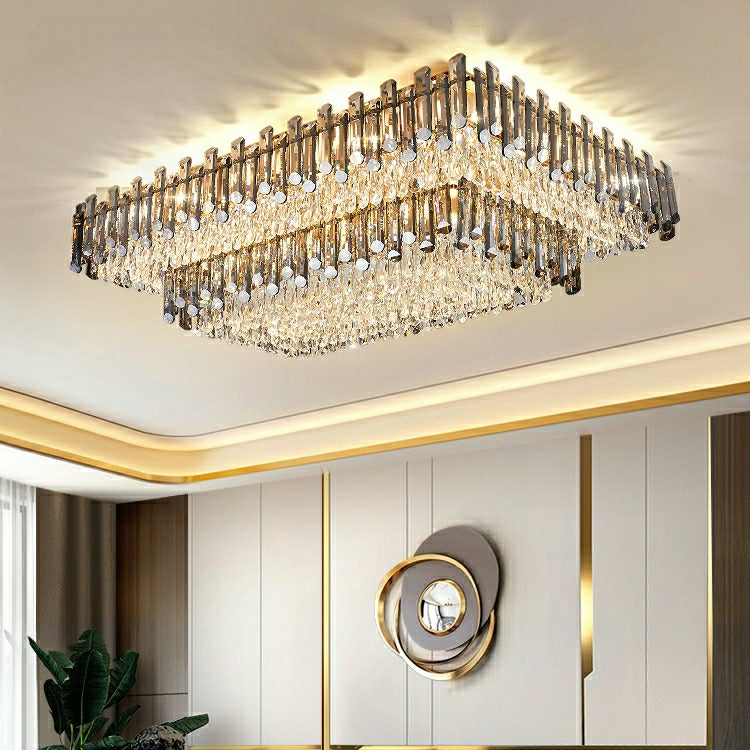 Rectangle Flush Mounted Living Room Chandelier Crystal Ceiling Light ...